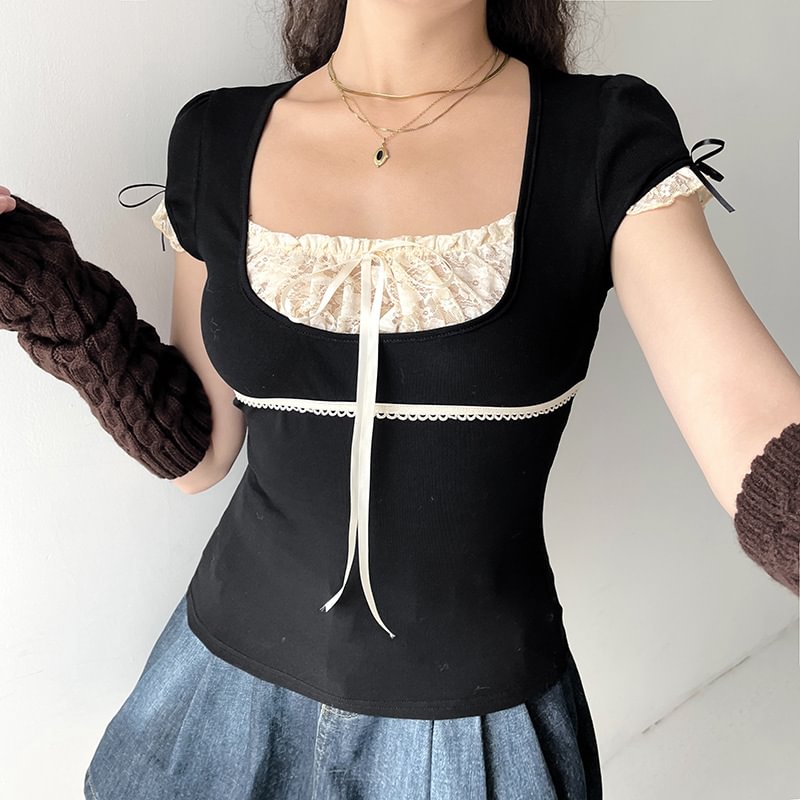 LACE SQUARE NECK TIE SHORT SLEEVE TOP