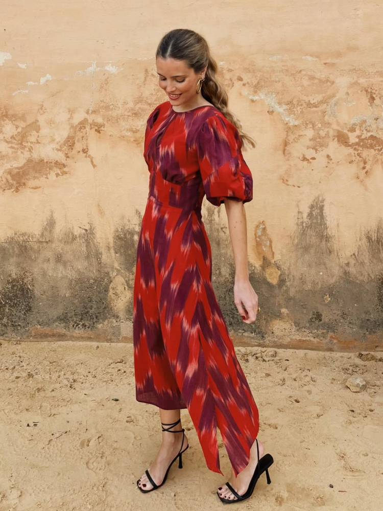 Churchf Tie Dyed Women's Backless Lace Up Midi Dress Chic Box Neck Puff ...