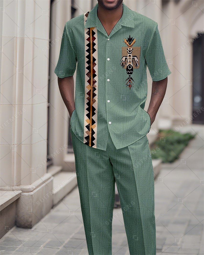 Men's Retro Colorblock Short Sleeve Walking Suit 005