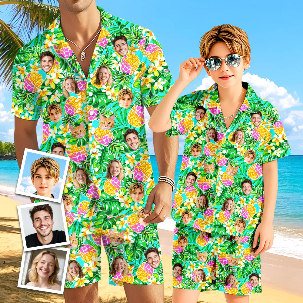 Personalized Father-Child Hawaiian Shirt and Short Set With Photo Print ...