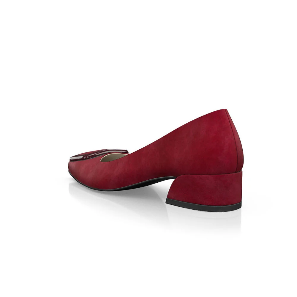 Red Vegan Leather Pointed Toe Block Heel Buckle Pumps