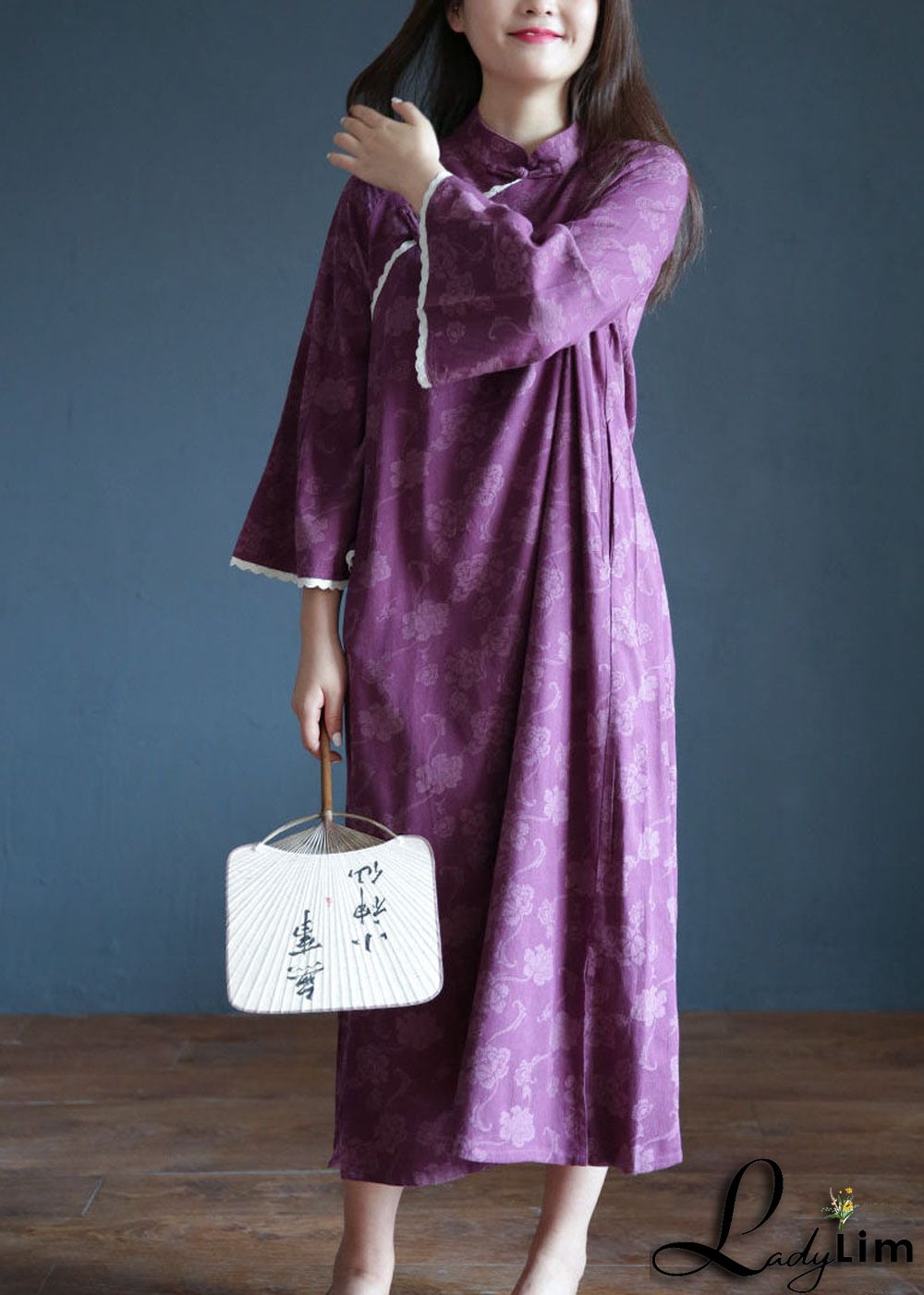 Handmade Purple Mandarin Collar Lace Patchwork Cotton Dresses Spring ...