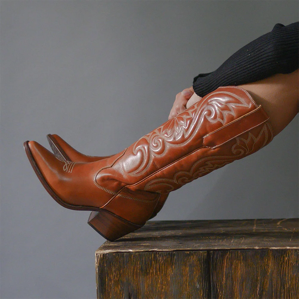 Brown Pointed Toe Chunky Heel Vintage Knee High Cowgirl Boots