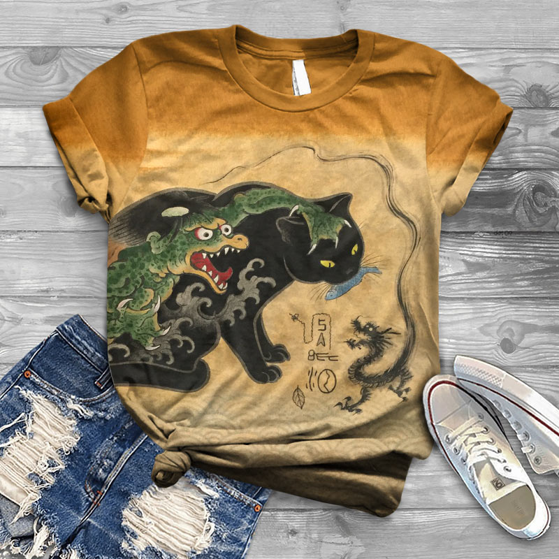 Retro Japanese Cat Demon Kappa Print Short-sleeved T-shirt