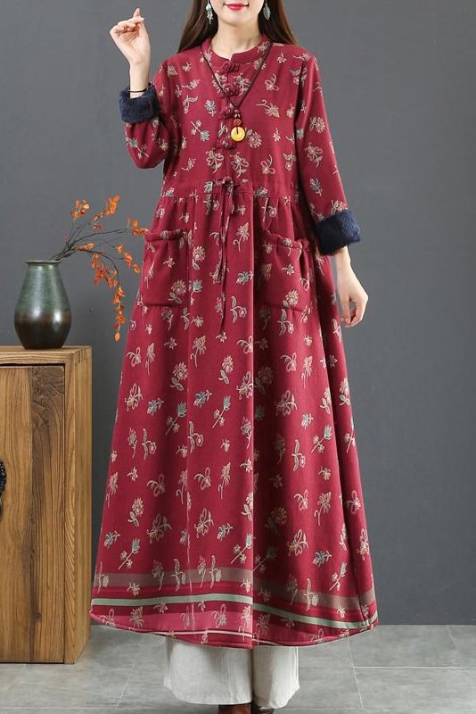 Plus Size-Winter Thick Plush Floral Retro Cotton Linen Dress