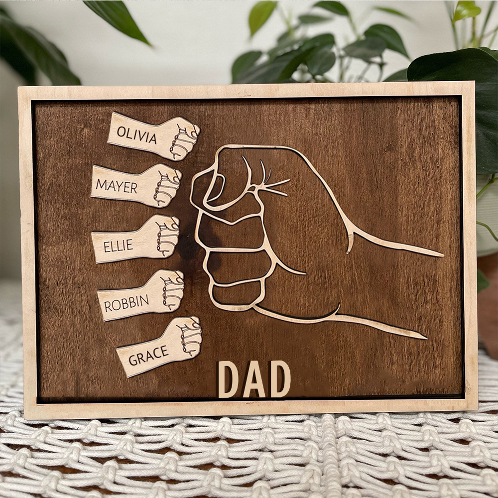 Father and Sons/Daughters Fist Signs Engrave 5 Names Family Bond Wood Frame