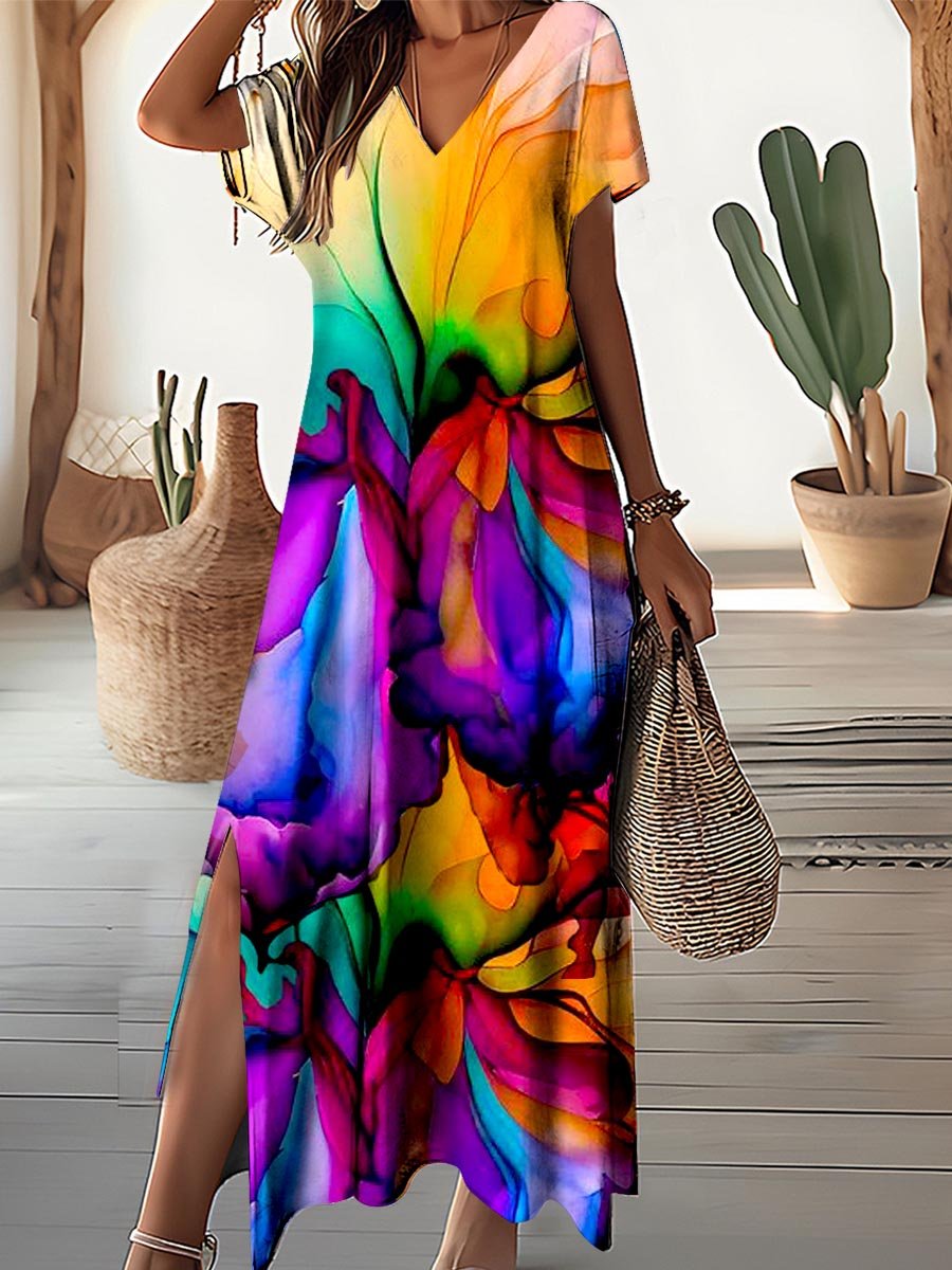 Women's Color Art Inkjet Seaside Resort V-neck Dress