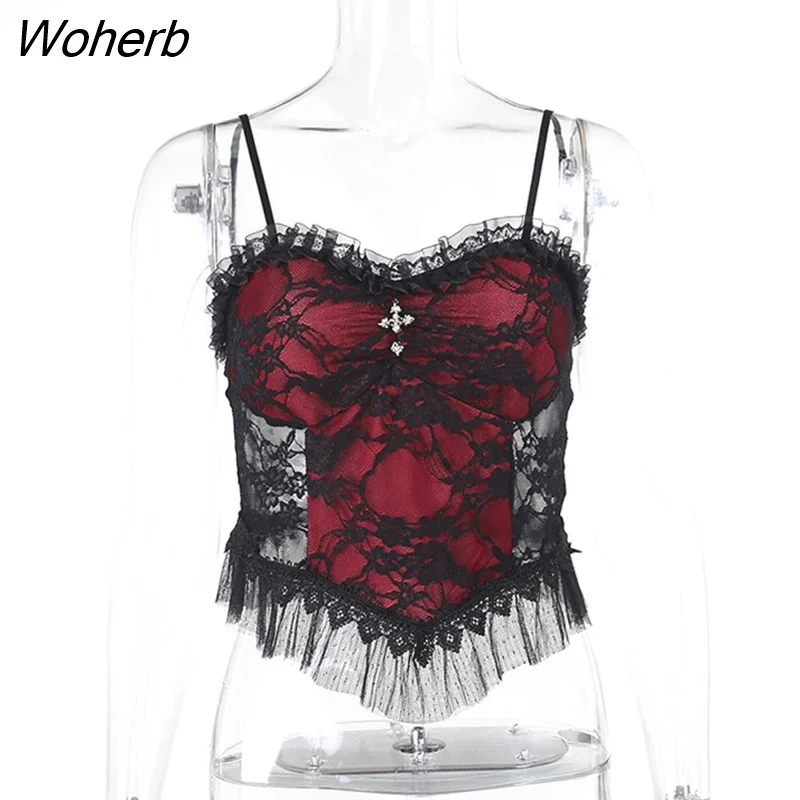 Woherb Sexy Gothic Lace Camis Women Punk Harajuku Streetwear Backless