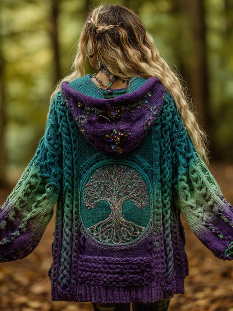 Women's Vintage Viking Tree Of Life Gradient Art Knit Zipper Cardigan ...