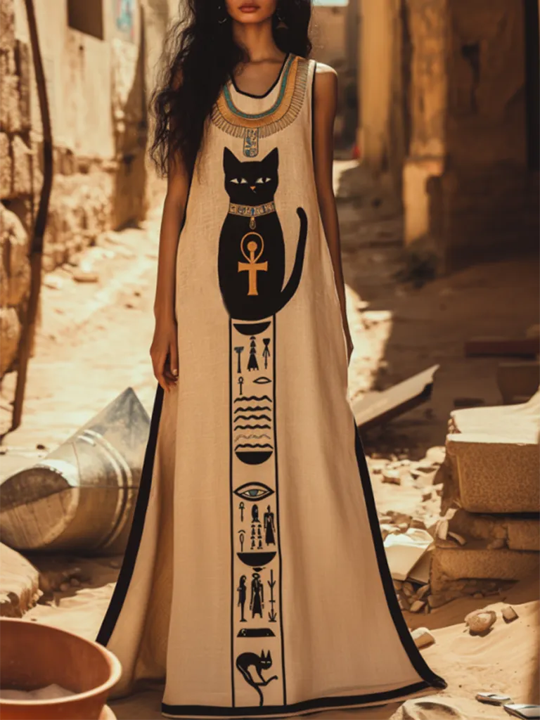 Ankh Ancient Egyptian And Bastet Cat Embroidered Contrast Linen Maxi Dress