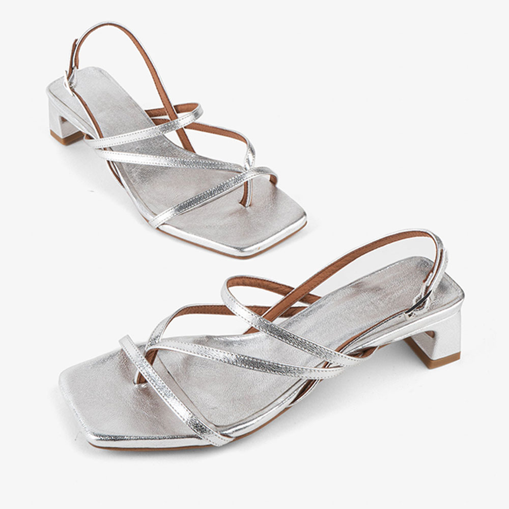 Silver Open Toe Strappy Slingback Chunky Heel Women's Sandals