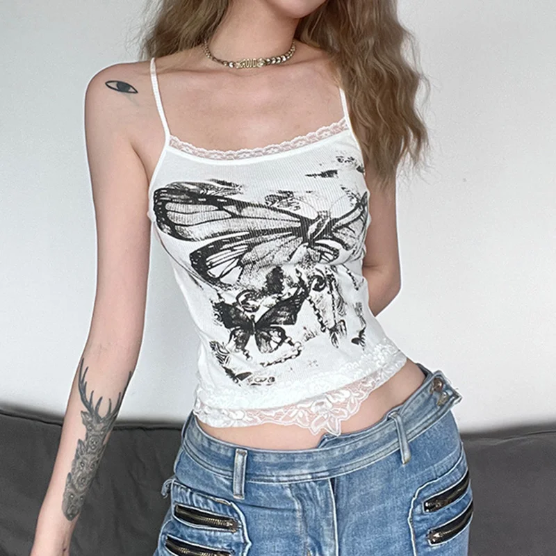 BUTTERFLY PRINT LACE TRIM CAMISOLE