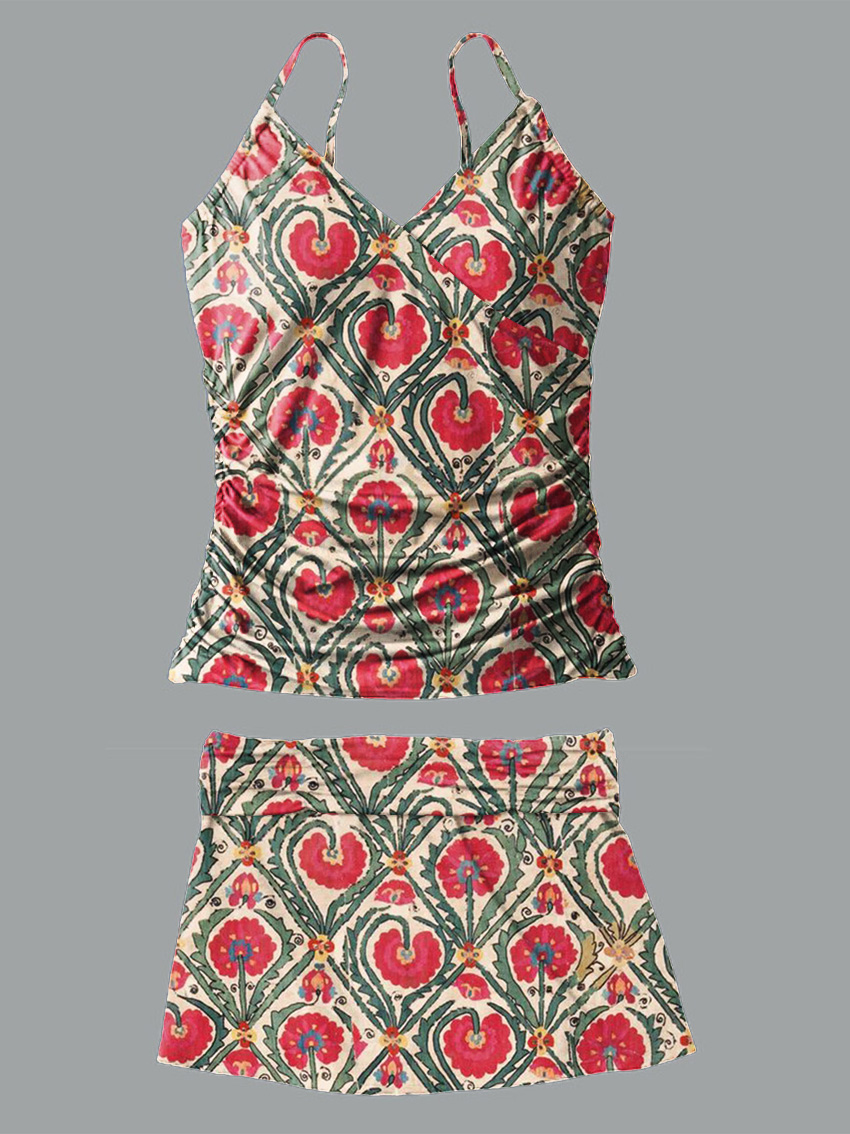 Flower Art Print V-Neck Vintage Suspender Skirt Tankini Pantskirt Set ...