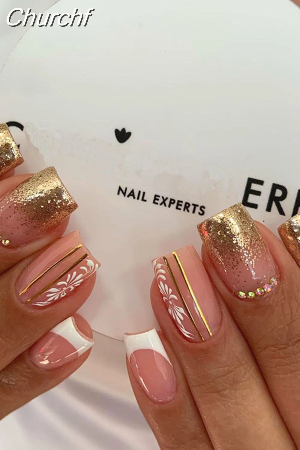 Churchf Nail Full Cover Fake Nail Pink Glitter Wearable French Short ... Churchf Nail Full Cover Fake Nail Pink Glitter Wearable French Short ...