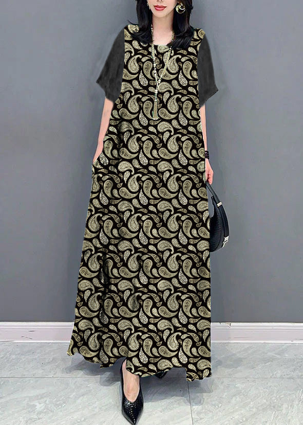 Bohemian black cashew nuts O Neck Pockets Print Patchwork Silk Long ...