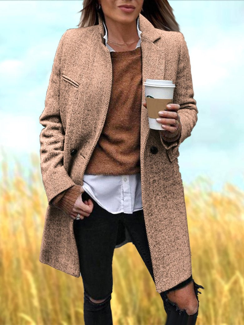 FineGina Women Slim Notched Lapel Medium-Length Coat