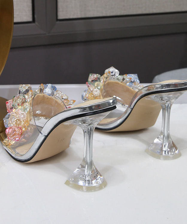 Silver Crystal Splicing Peep Toe Clear High Heel Slippers - Ladylim