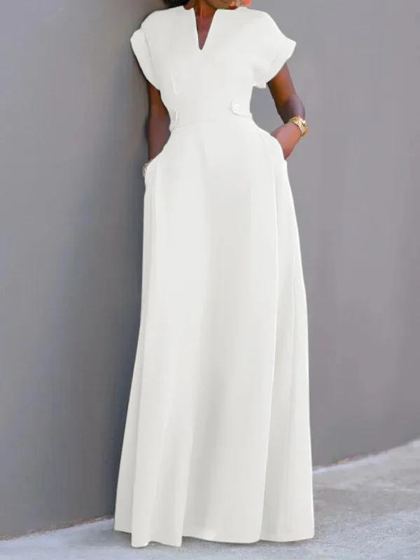 Flying Sleeves Solid Color Split-Joint V-Neck Maxi Evening Dress