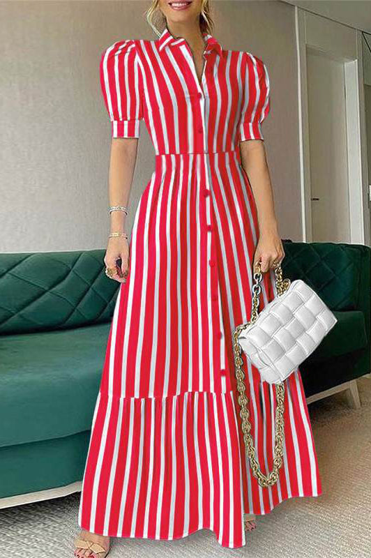 Sexy Puff Sleeve Lapel Long Maxi Dress