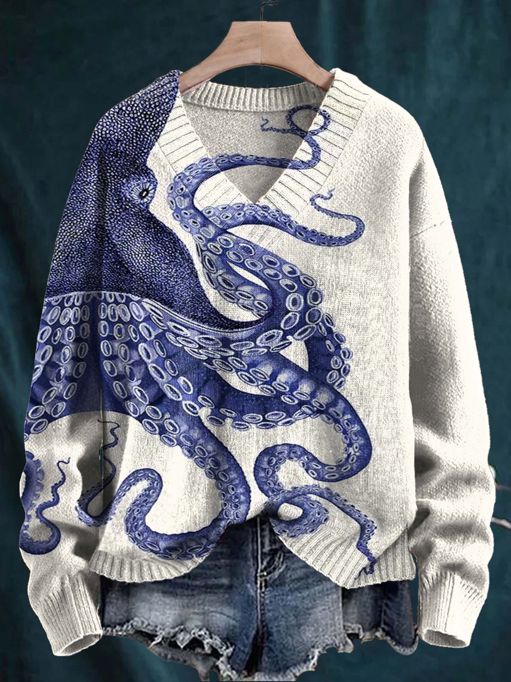 Deep Sea Octopus Tentacles Art Print Knit V-neck Pullover Sweater