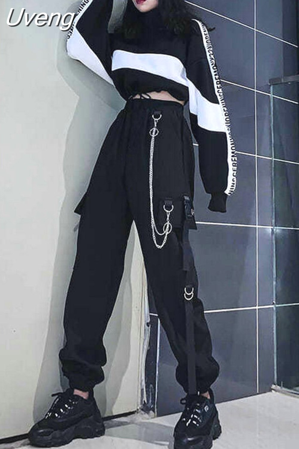 Uveng Spring Summer Cargo Women Pants Punk Black Female Joggers Hip Hop ...