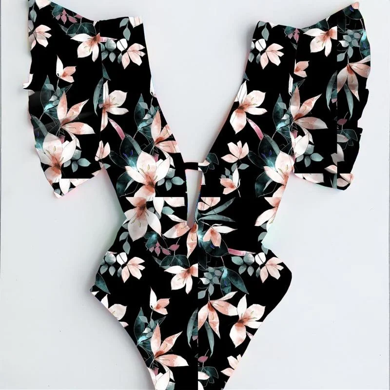Sexy One Piece Swimwear Floral Deep-V Bathing Suit