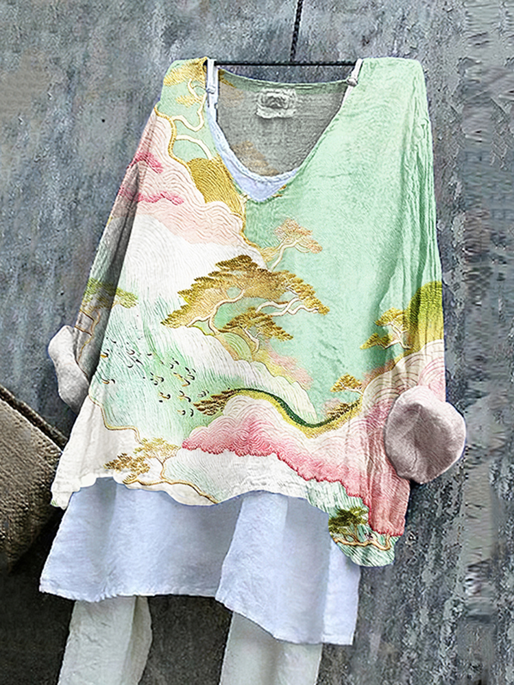 Japanese Vintage Pine Trees Art Linen Blend Tunic