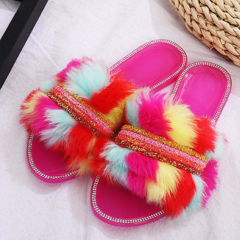 Colorblock Rhinestone Fluffy Flat Sandals