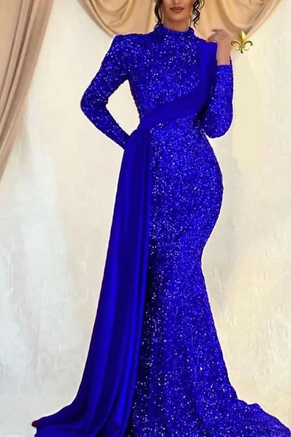 Sequins Long Sleeves Mermaid Prom High Collar Dress With Ruffle PD0914