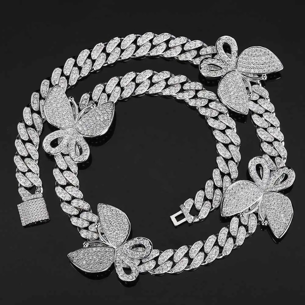 Hip Hop White Gold Plated Zirconia Butterfly Cuban Link Chains