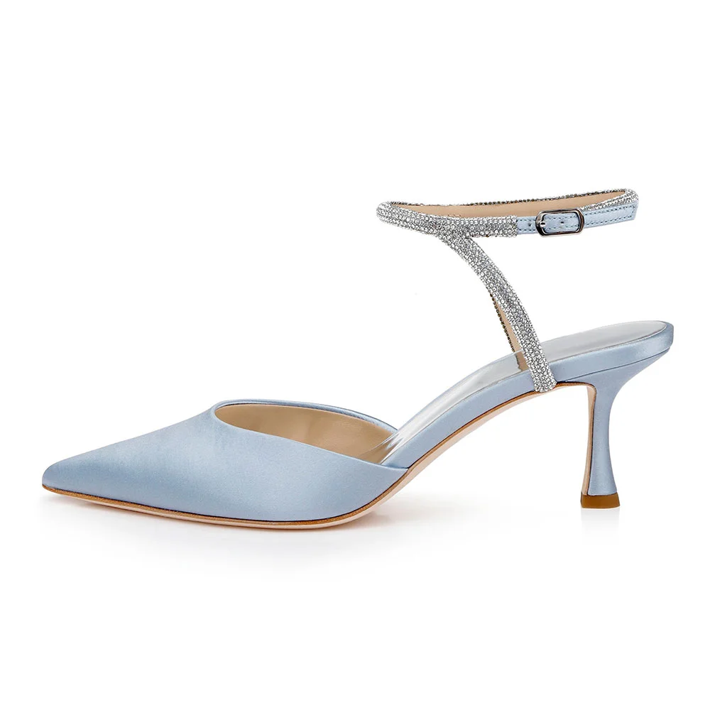 Sky Blue Stiletto Heel Ankle Strap Rhinestone Pumps Shoes with Buckle