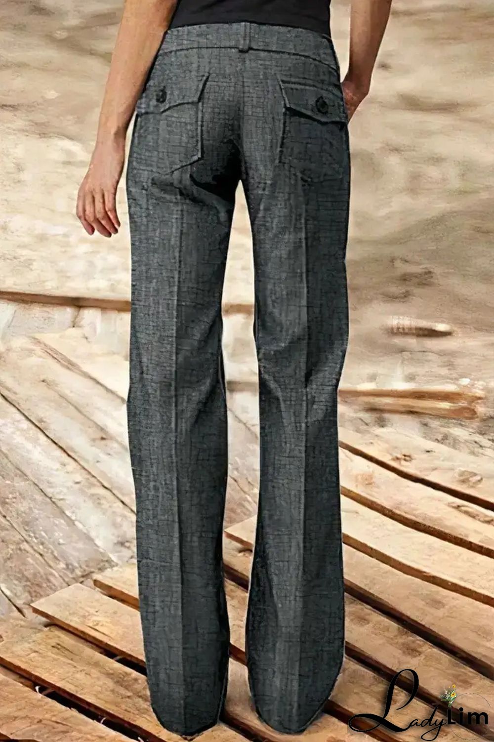 Solid Flap Pocket Button Up Mid Rise Straight Leg Pants - Ladylim