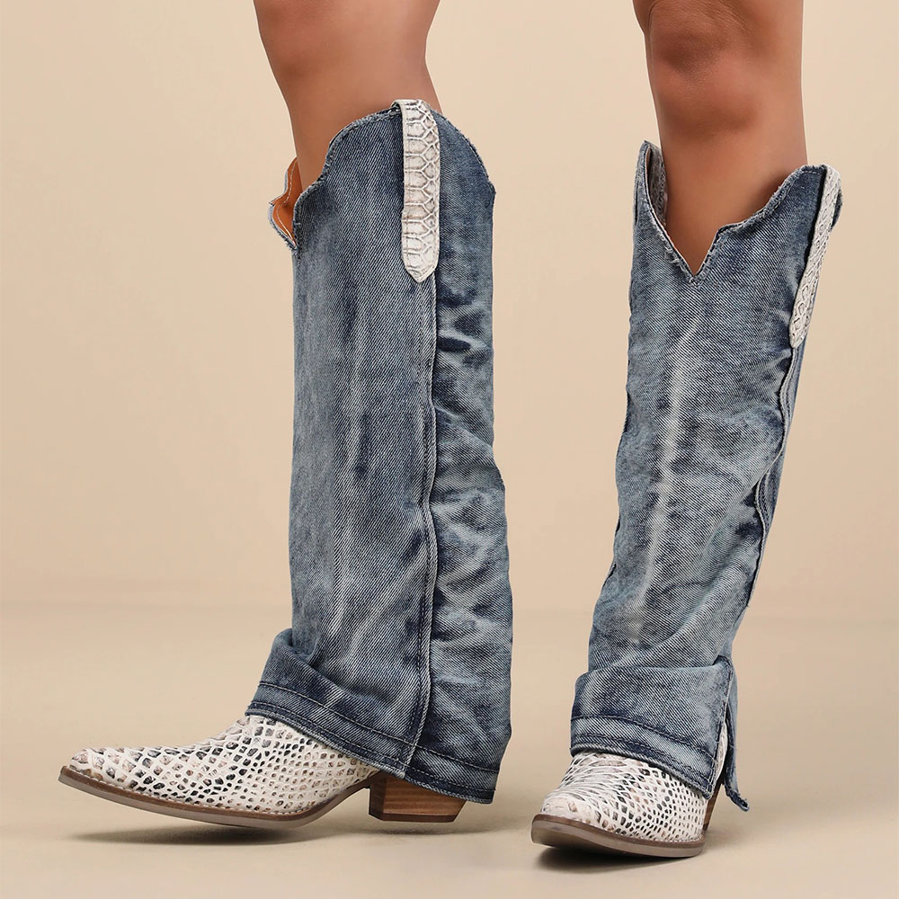 Blue Denim Patchwork Lizard Embossed Snip Toe Fold Over Cowgirl Boots