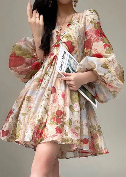 French Apricot Flower Print Silk Evening Dresses Lantern Sleeve