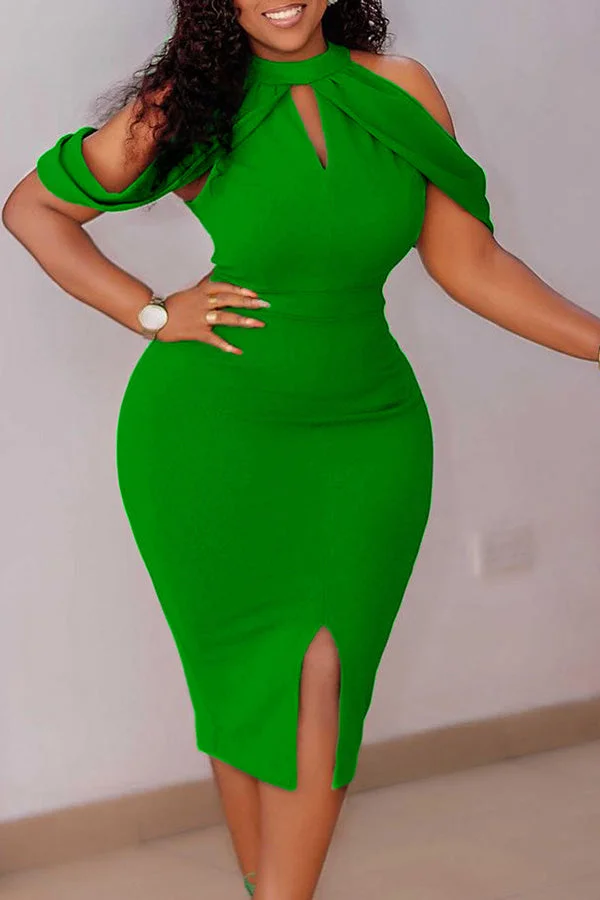 Off The Shoulder Pack Hip Slit Midi Dress