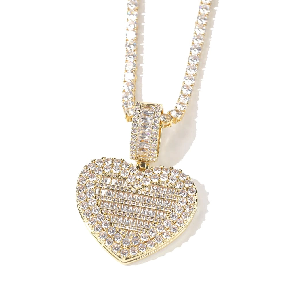 Iced Out Silver/Golden Custom Photo Large Heart Shape Pendants