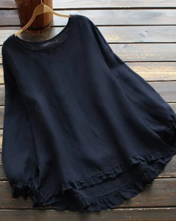 Crew Neck Ruffle Trim Casual Blouse