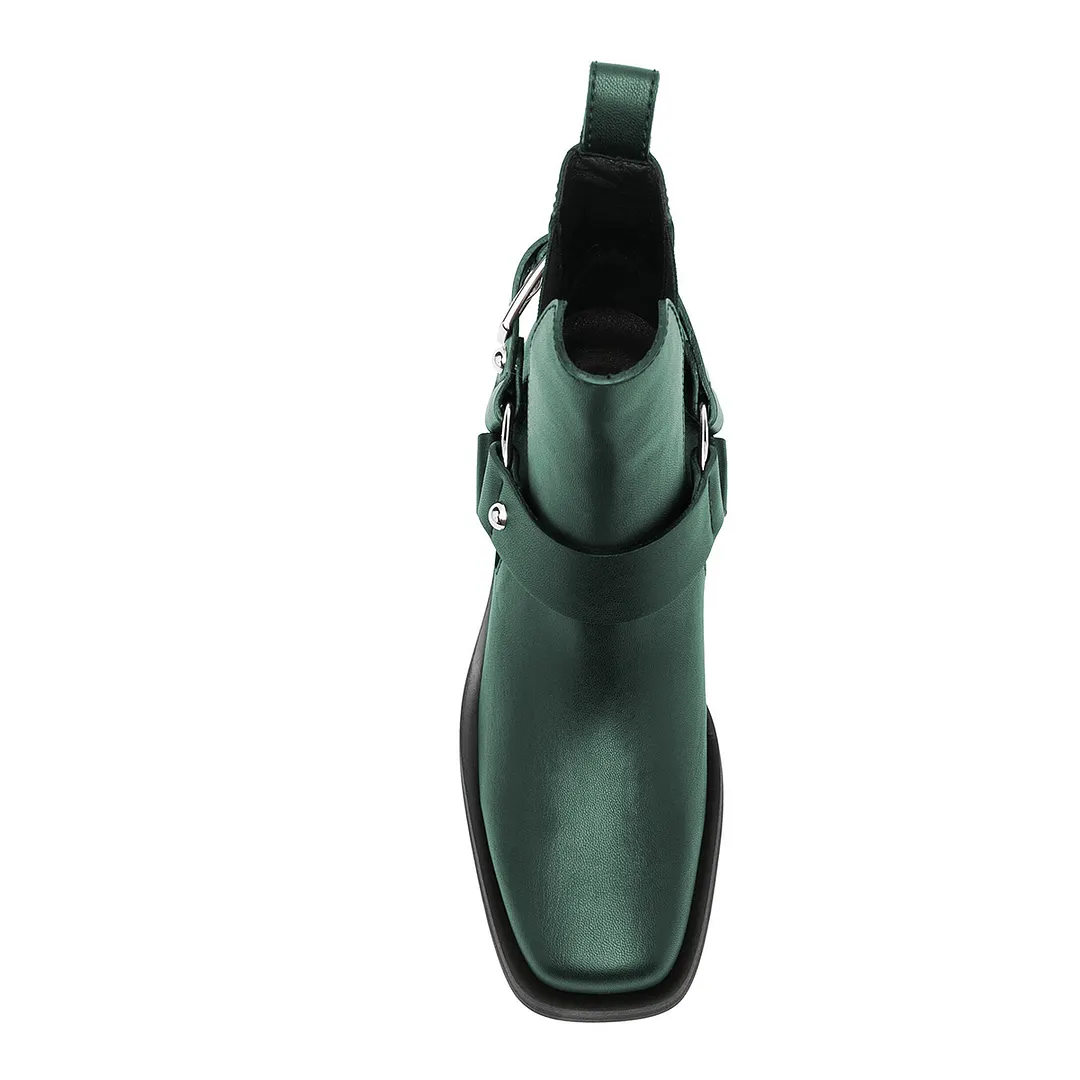 Green Square Toe Block Heel Ankle Boots with Buckle Strappy Design