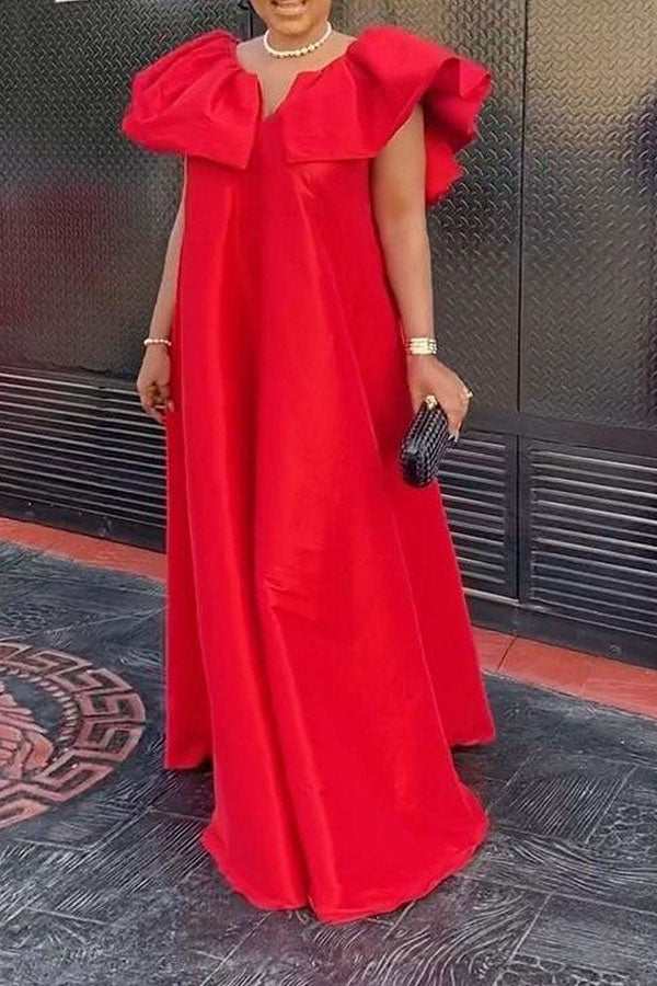 Red Ruffle Simple Flowy Maxi Dress