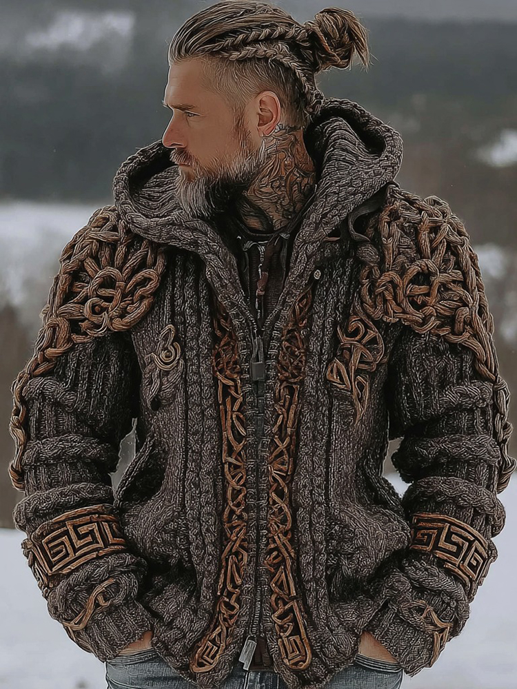 Men's Vintage Viking Celtic Knot Rune Chunky Knit Hooded Zip-up Sweater