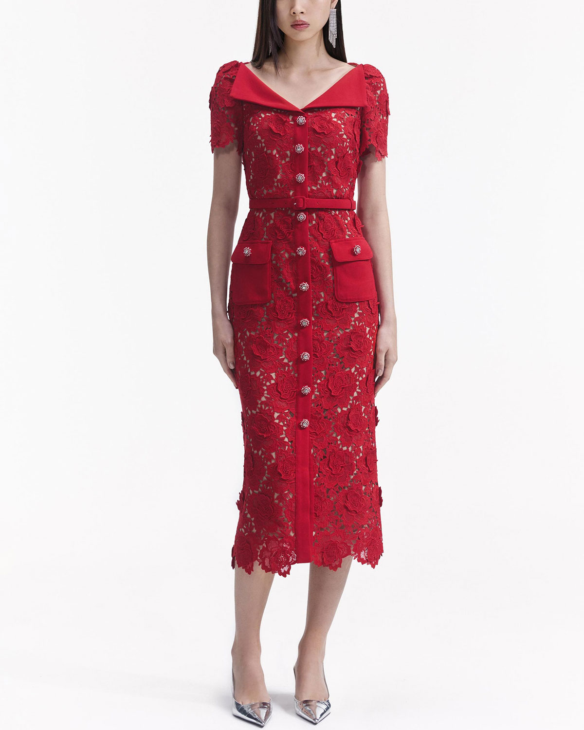 Red Lace Open Neck Midi Dress