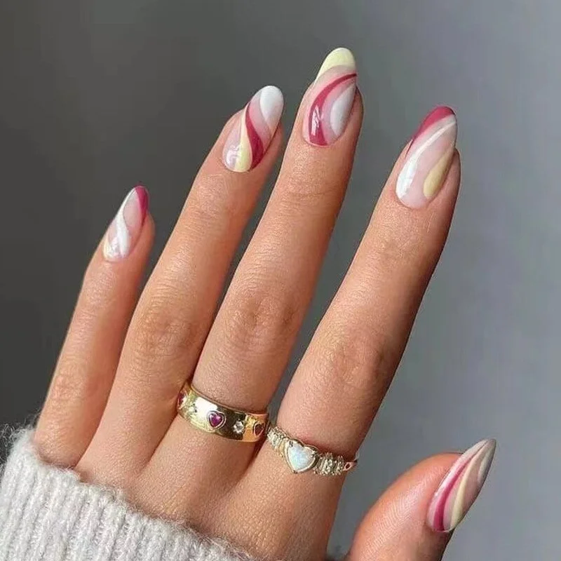 24pcs Almond Round Wavy False Nails Detachable Stiletto Ink Fake Nails Full Cover French