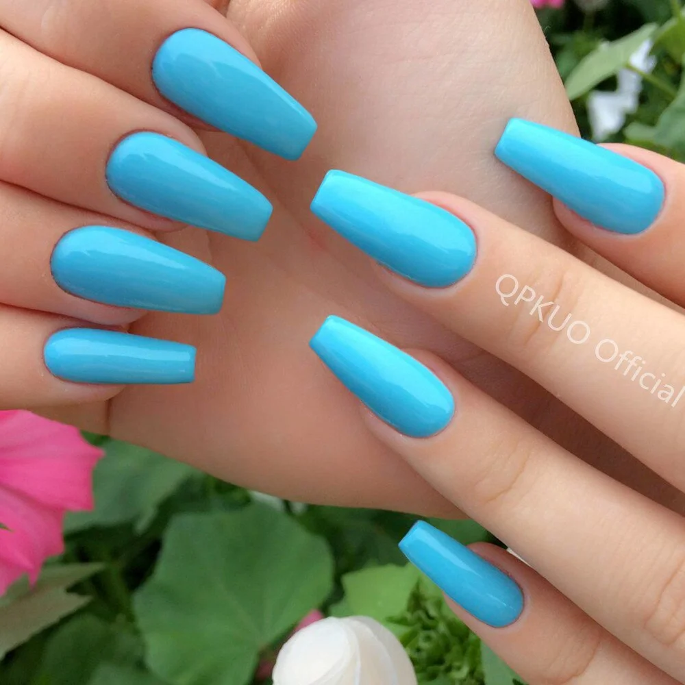 Churchf Shiny Long Ballerina Coffin Fake Nails With Jelly Glue Dark ...