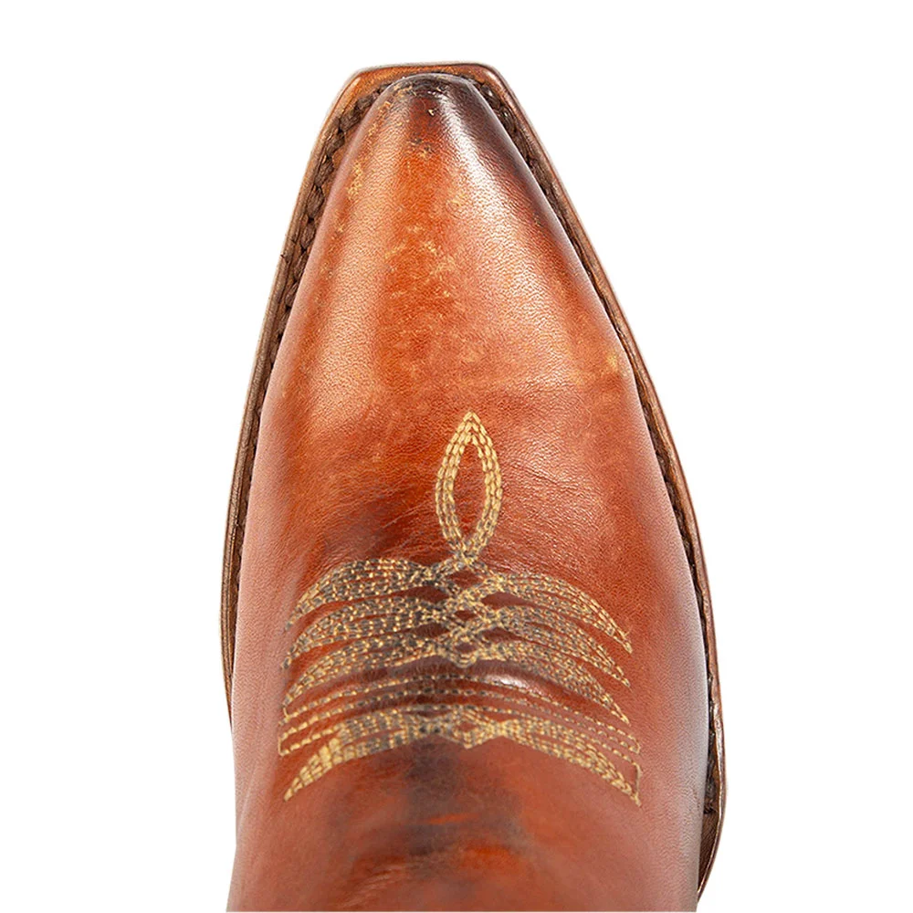 Brown Distressed Snip Toe Chunky Heel Embroidered Cowgirl Boots