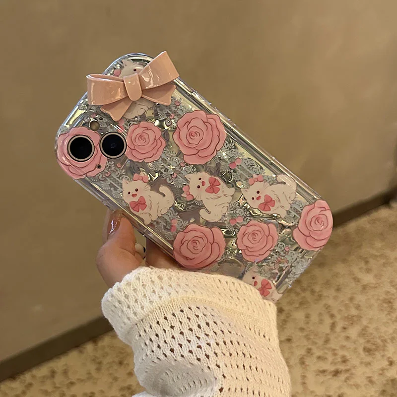 Kawaii Cartoon Pink Cats and Roses Phone Case