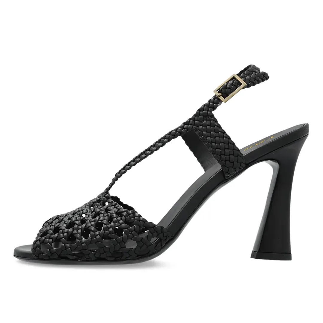 Flared High Heel Braided Buckled Cut-Out Black Sandals for Women