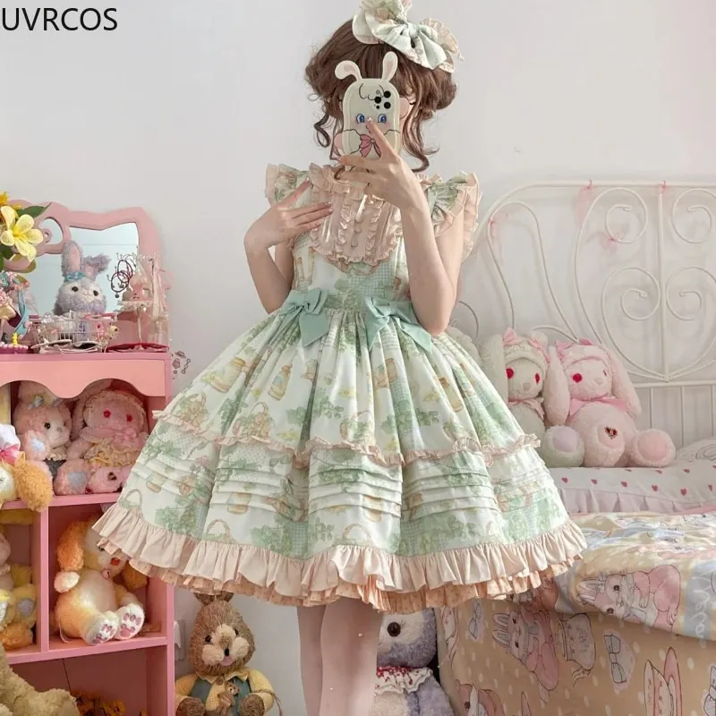 Woherb Kawaii Lolita Jsk Dress Women Victorian Retro Ruffle Grape Print ...