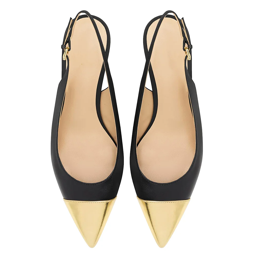 Black & Gold Leather Closed Pointed Toe Slingback Pumps With Stiletto Heels