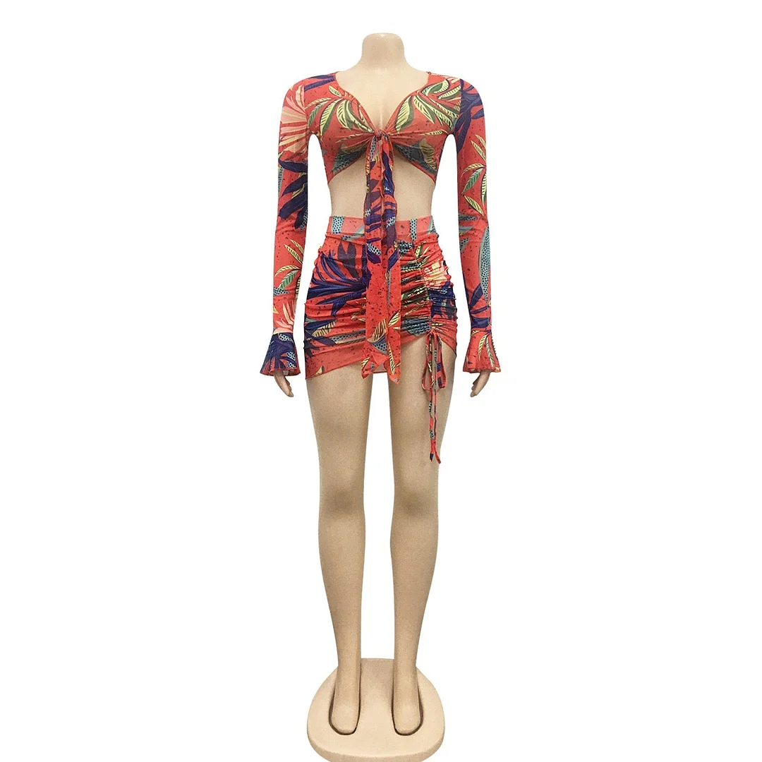 Anjamanor Tropical Floral Print Sheer Mesh Matching Skirt Set Sexy