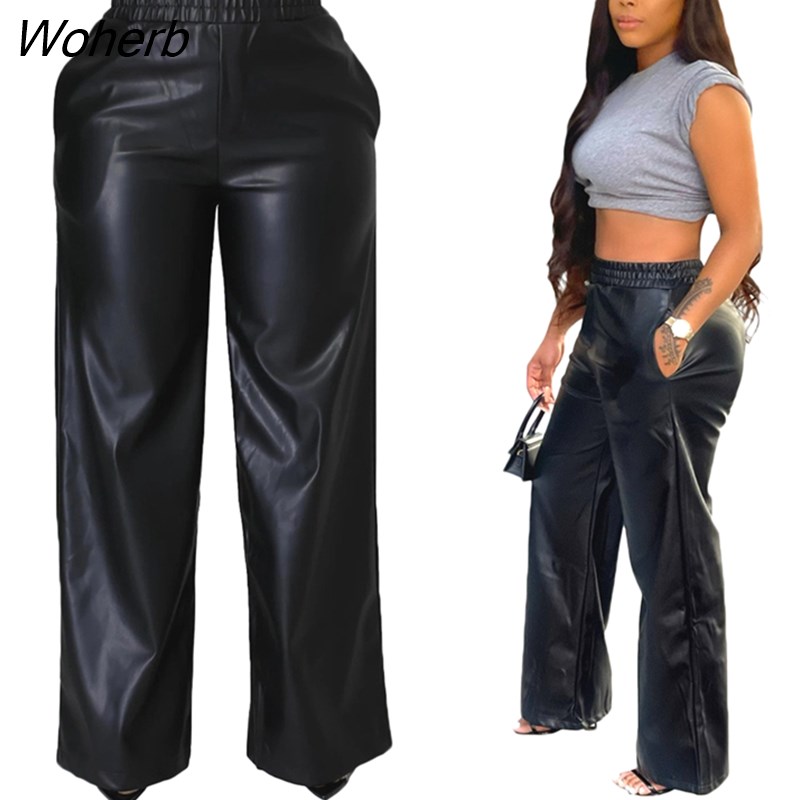 Woherb Women Faux Leather Straight High Waist PU Pants INS Elegant ...